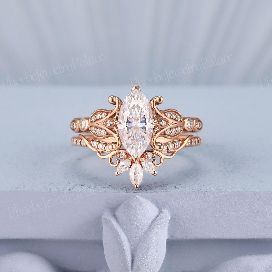 Vintage Moissanite Engagement Ring Set Gold Unique Marquise Wedding ...