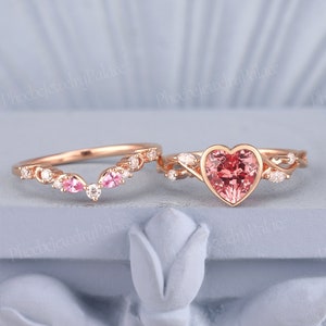 Unique Heart Cut Peach Pink Sapphire Engagement Ring Set Bezel Rings ...