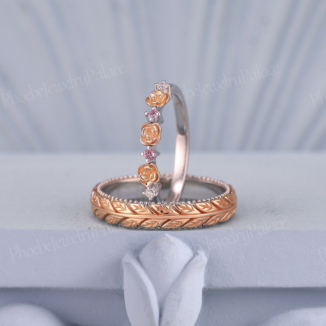 Unique Two-tone Couple Ring Set Sapphire Moissanite Wedding Rings for ...