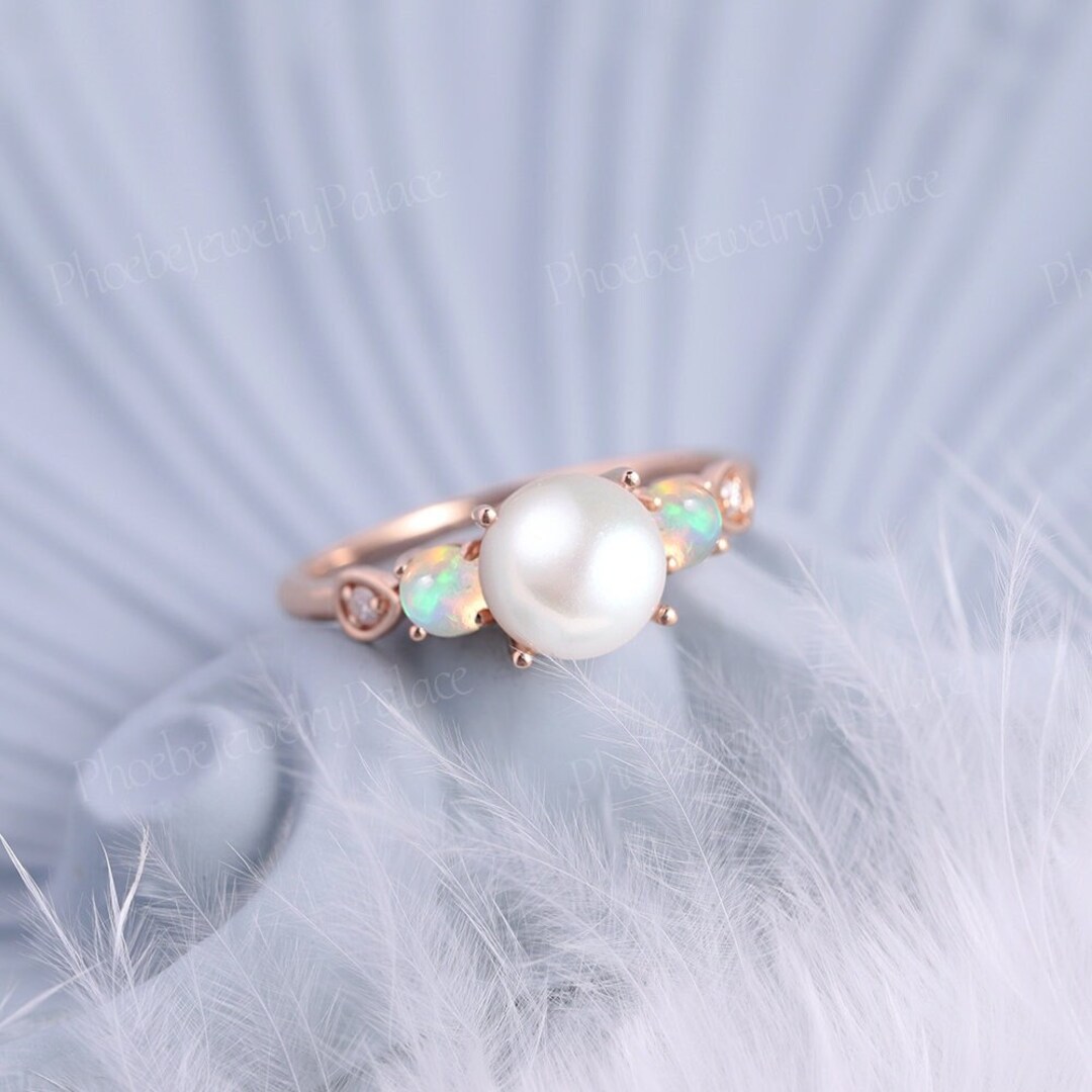 Dainty Akoya Pearl Engagement Ring Vintage Solid Gold Rings Natural ...