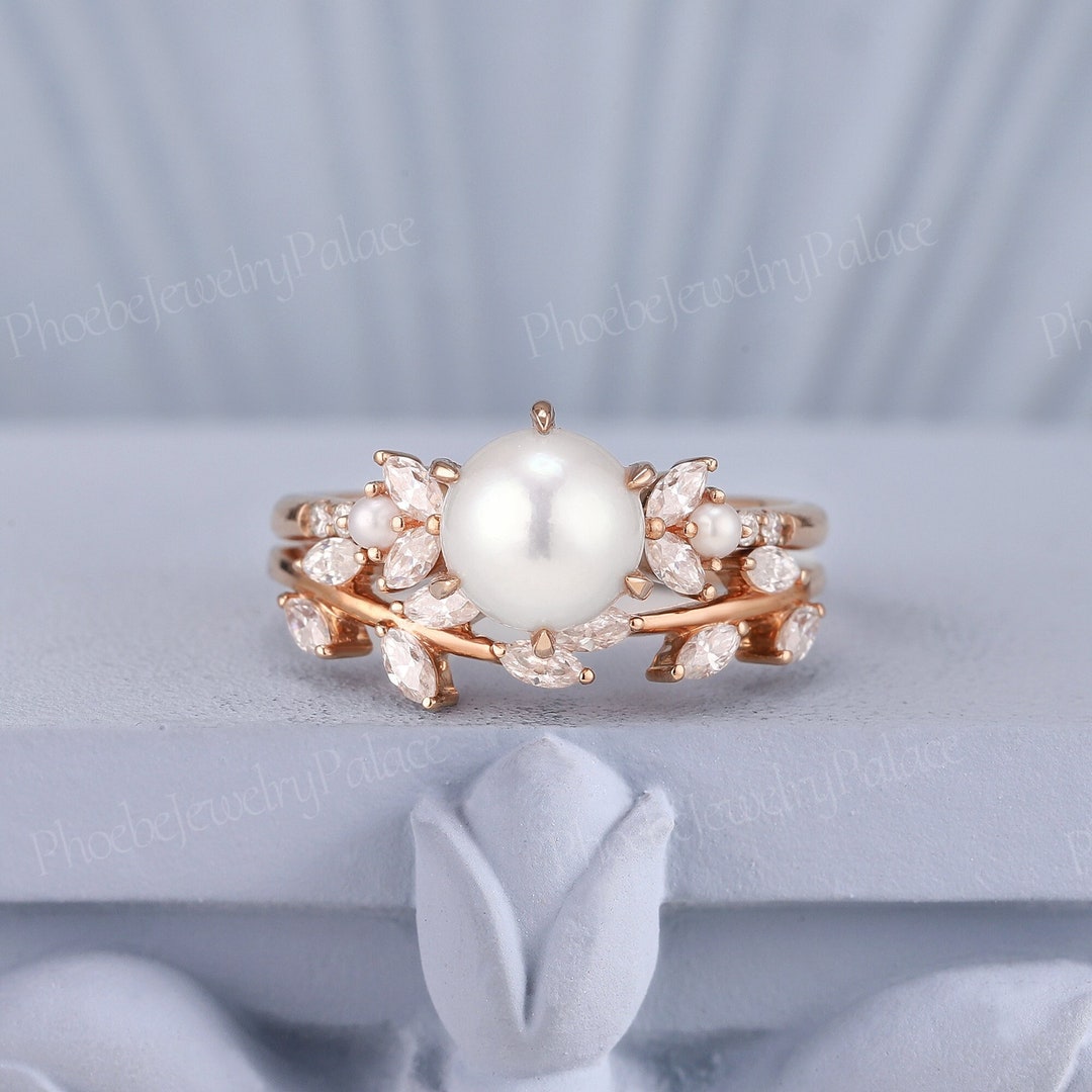 Unique Akoya Pearl Engagement Ring Set Unique Solid Gold Wedding Rings ...