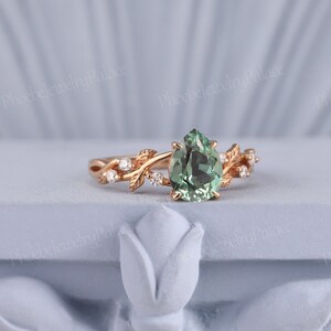 Vintage Green Sapphire Engagement Ring Delicate Pear Wedding Ring Gold ...