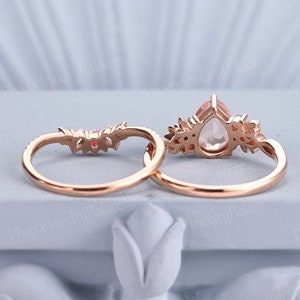 Unique Peach Pink Sapphire Engagement Ring Set Vintage Pear Wedding ...