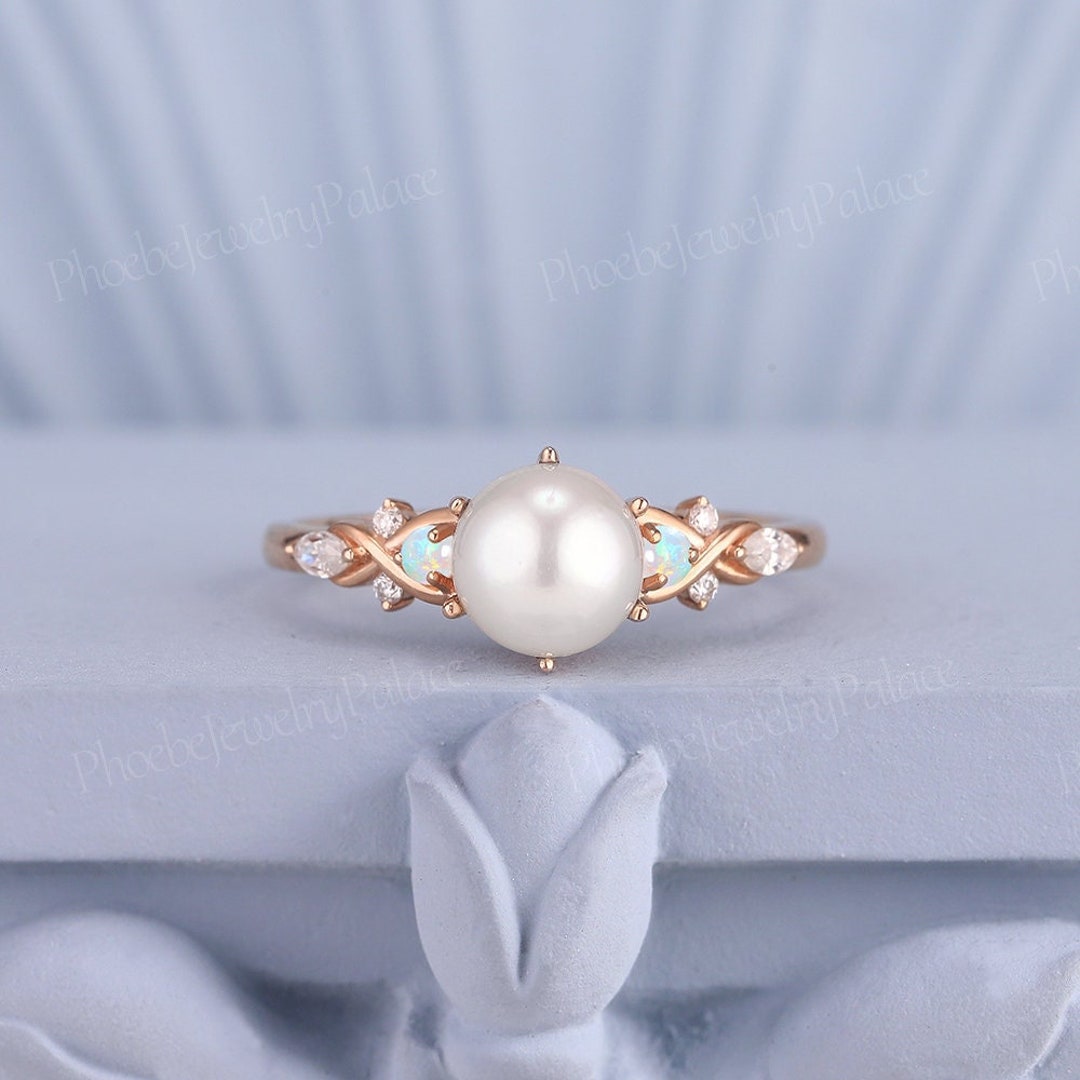 Art Deco Akoya Pearl&opal Engagement Ring Vintage Solid Gold Diamond ...
