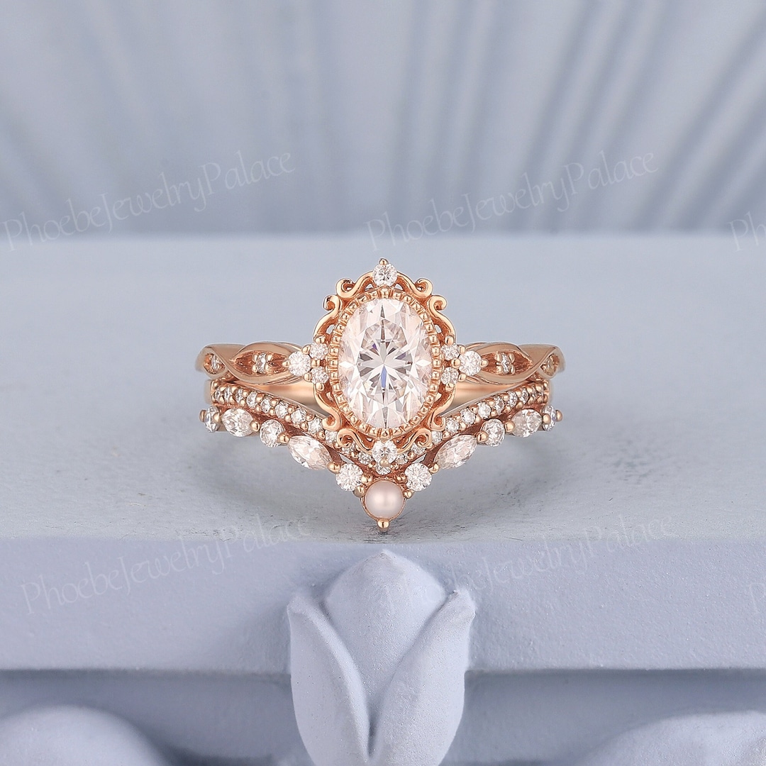 Art Deco Moissanite Engagement Ring Set Gold Unique Wedding Rings for ...