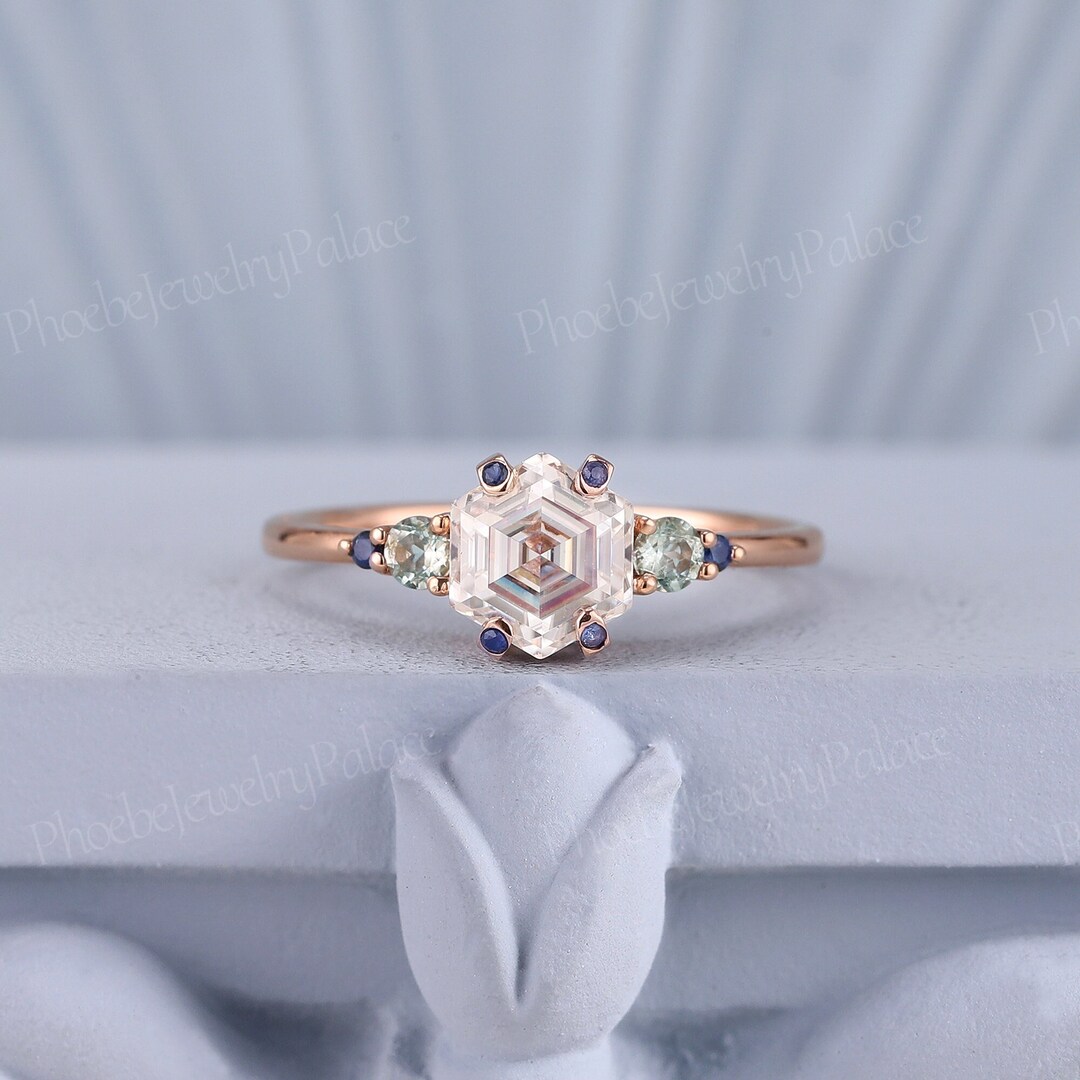 Hexagon Moissanite Engagement Ring Solid Gold Natural Sapphire Topaz ...