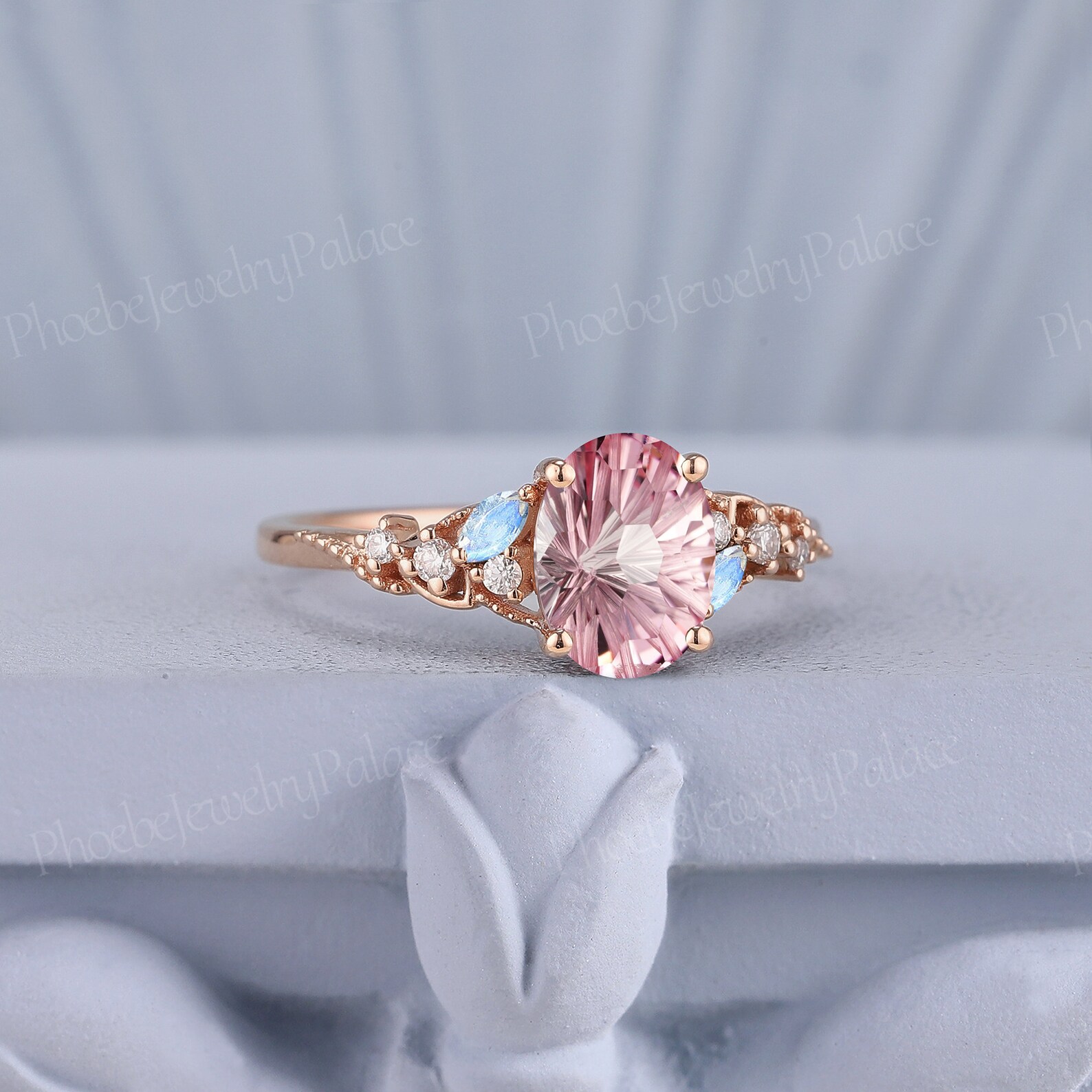 Unique Star Cut Faceting Peach Pink Sapphire Engagement Ring Moonstone ...