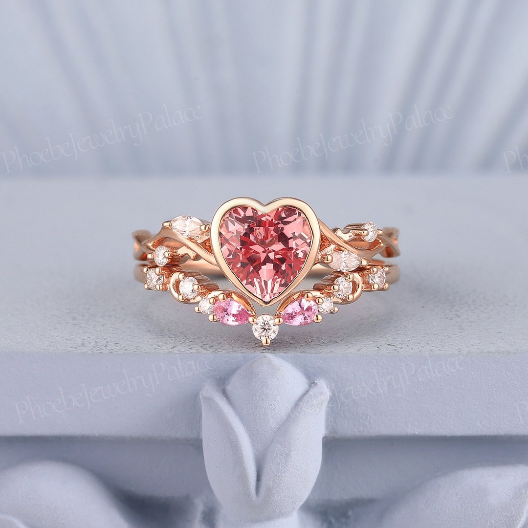 Unique Heart Cut Peach Pink Sapphire Engagement Ring Set Bezel Rings ...