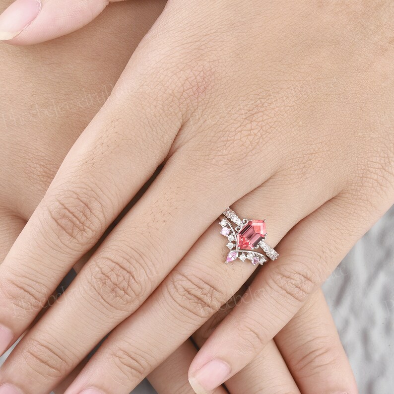Art Deco Elongated Pink Sapphire Engagement Ring Set Hexagon Wedding ...