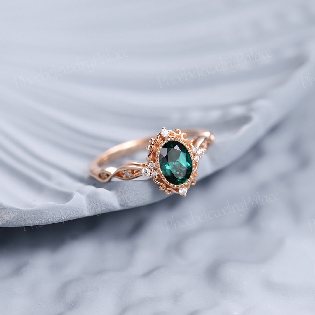 Delicate Emerald Engagement Ring Oval Emerald Wedding Ring Solid Gold Rings for Women Handmade ...