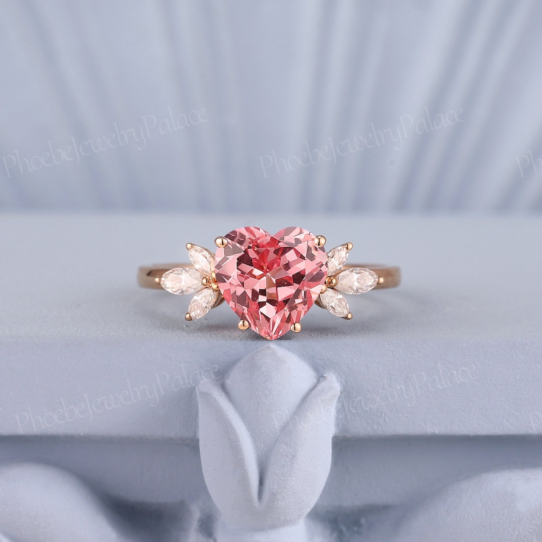 Art Deco Heart Cut Peach Pink Sapphire Engagement Ring Rose Gold Unique ...