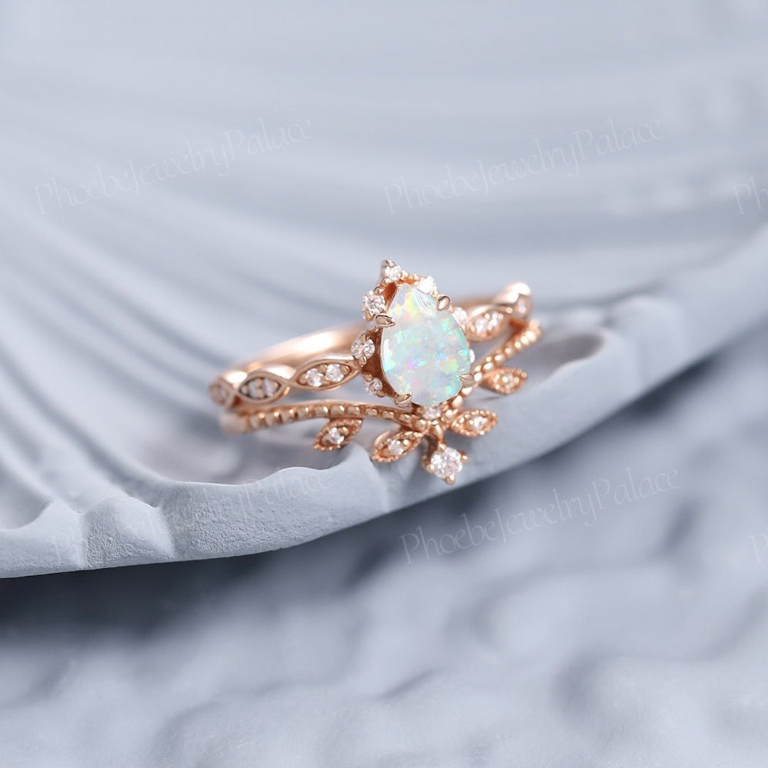 Unique Opal Engagement Ring Set Pear Cut Opal Moissanite Wedding Ring ...