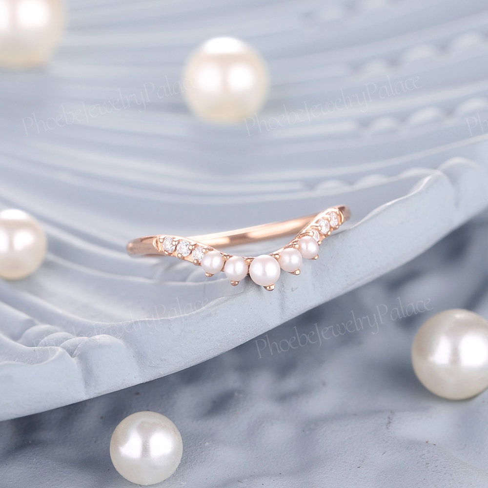 Unique Pearl Curved Wedding Band Solid Gold Natural Freshwater Pearl ...