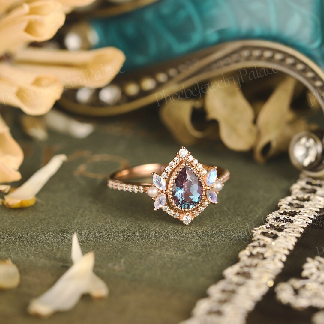 Vintage Alexandrite and Pearl Engagement Ring Delicate Pear Alexandrite ...