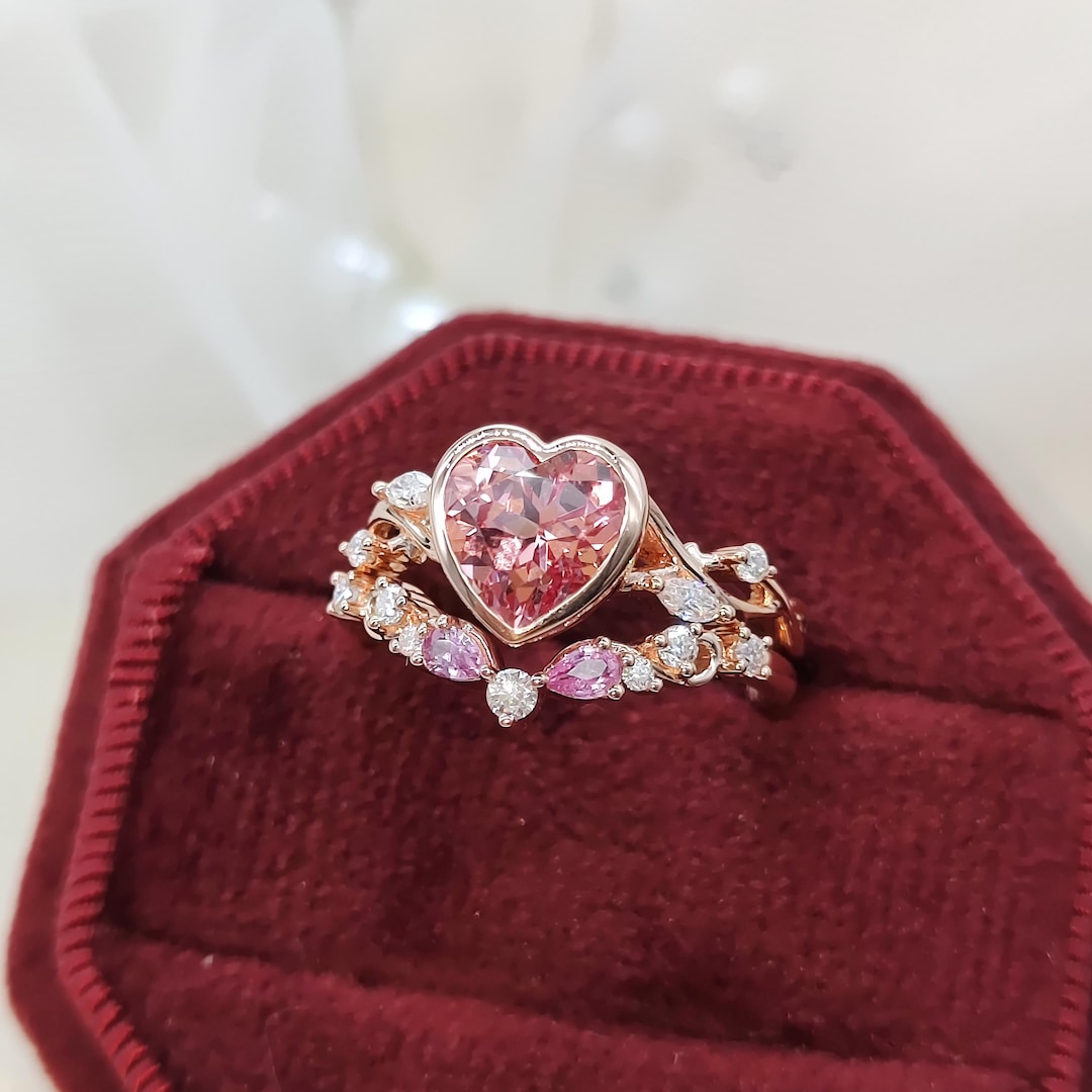 Unique Heart Pink Sapphire Engagement Ring Set Bezel Rings Inspire ...