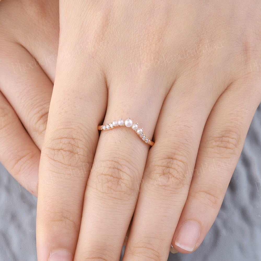 Unique Pearl Curved Wedding Band Solid Gold Natural Freshwater Pearl ...