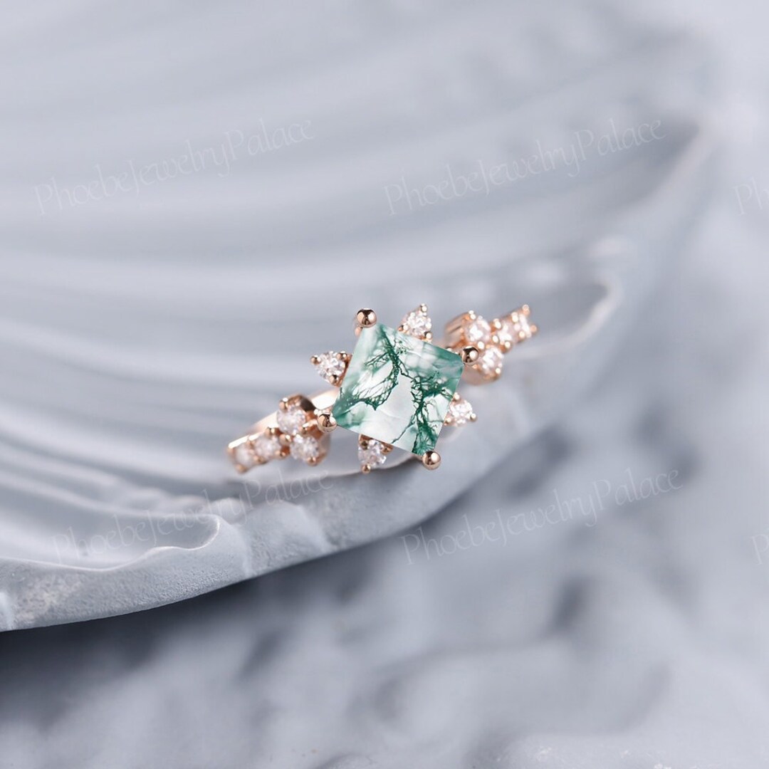 Vintage Moss Agate Engagement Ring for Women Princess Cut Moss Agate ...
