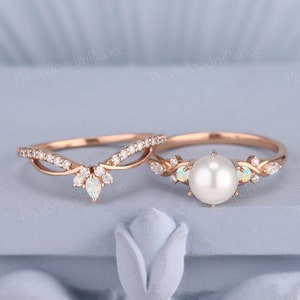 Vintage Akoya Pearl Engagement Ring Set Unique Solid Gold Wedding Ring ...