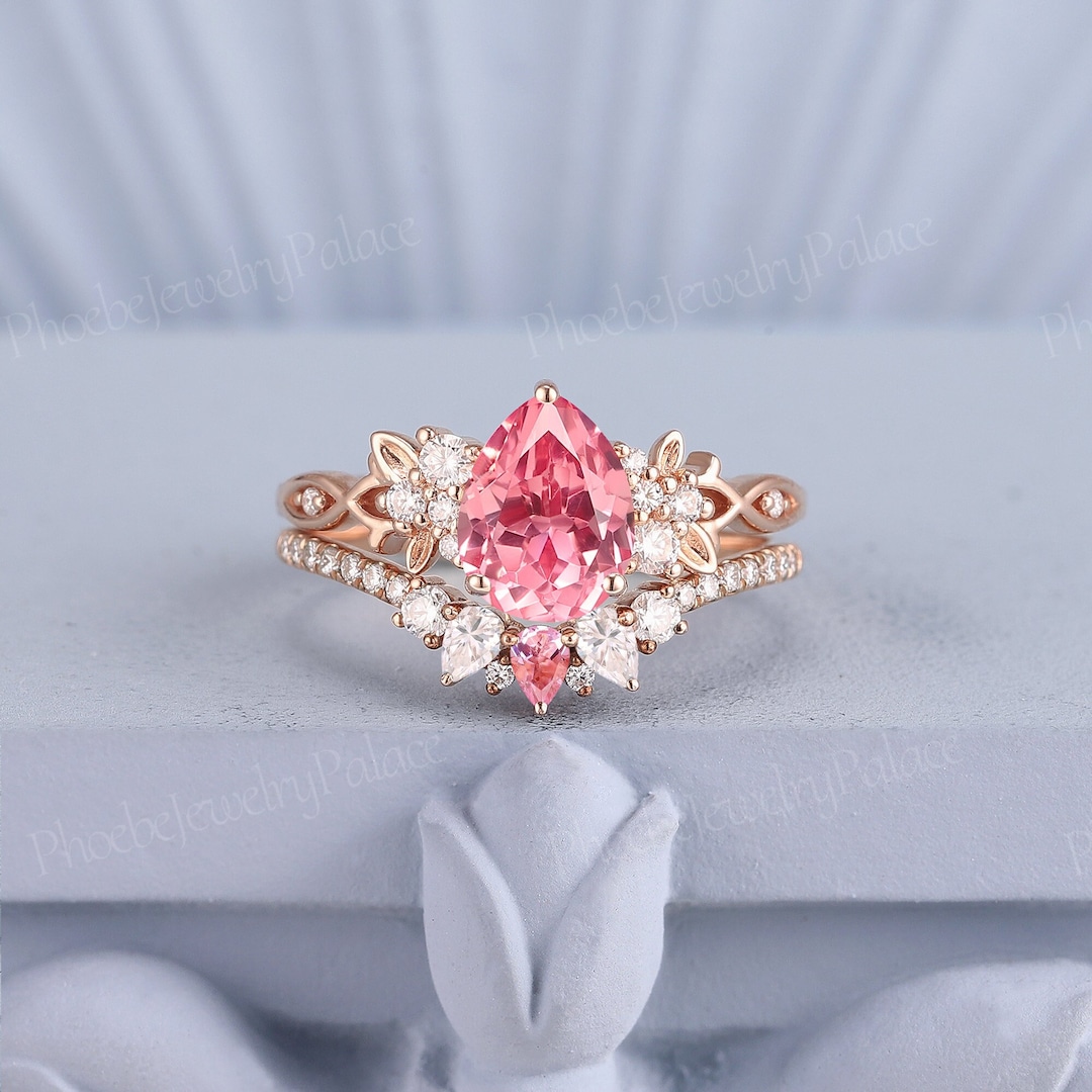 Unique Peach Pink Sapphire Engagement Ring Set Vintage Pear Wedding ...