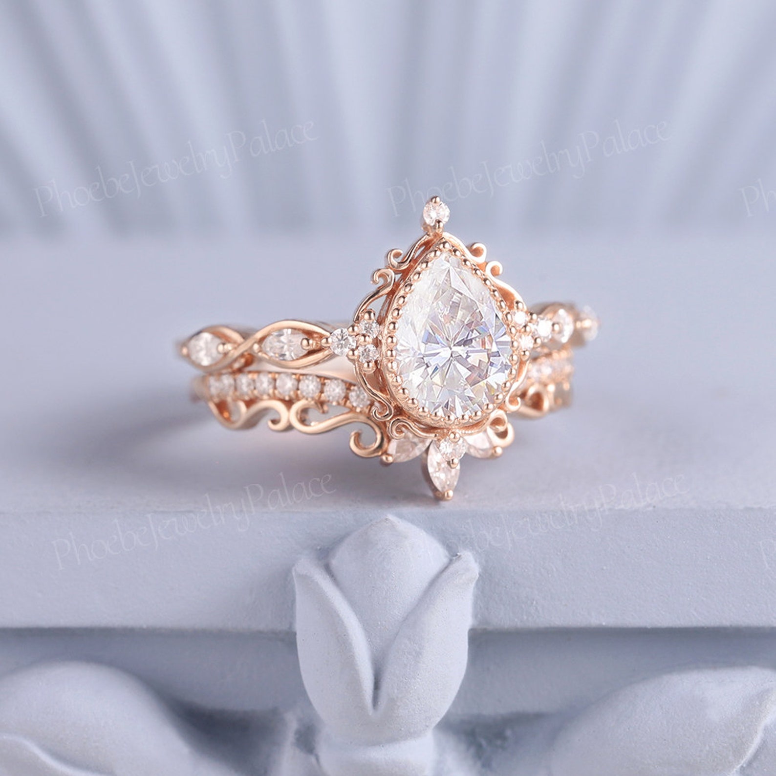 Unique Pear Cut Moissanite Engagement Ring Set Women Dainty Solid Gold ...