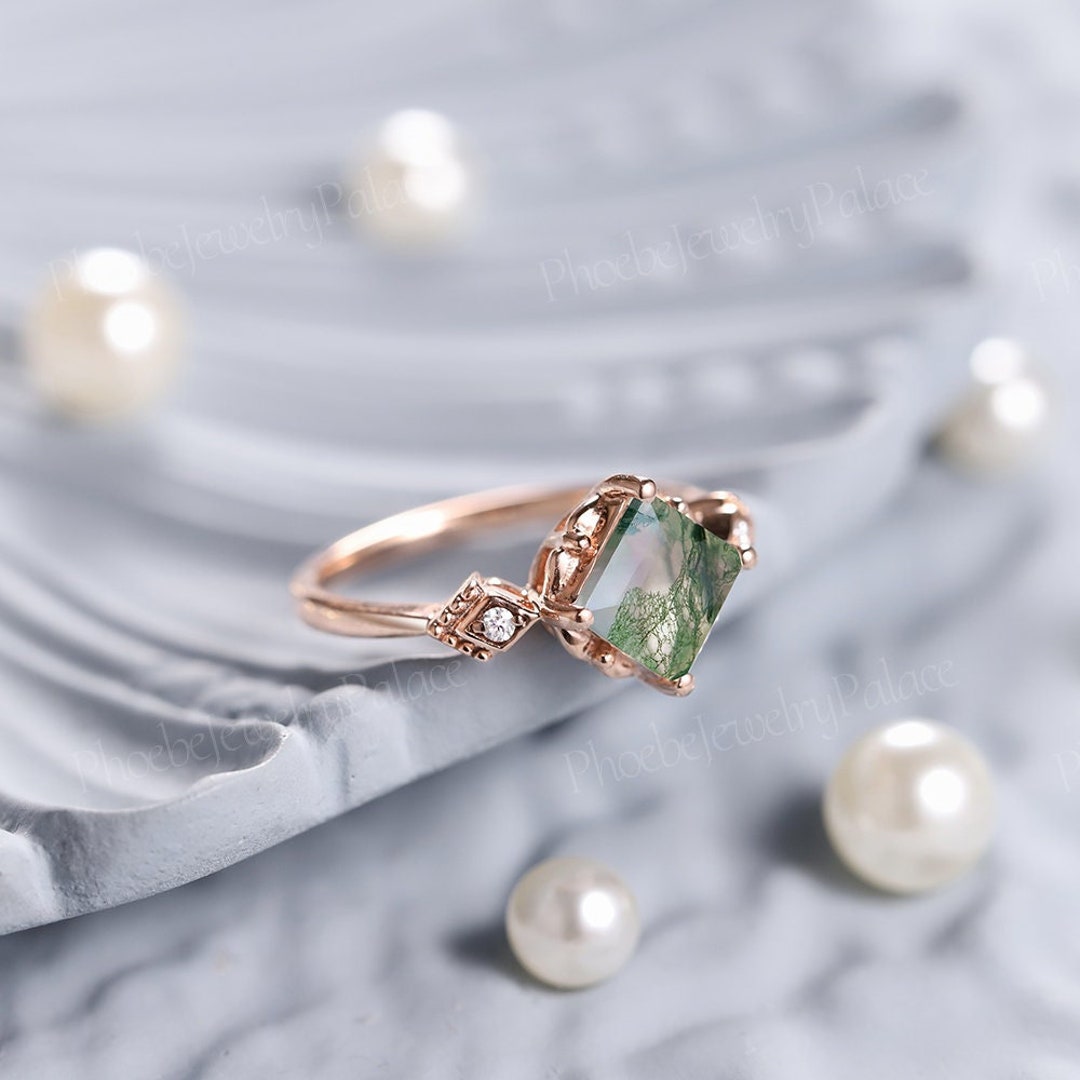 Unique Moss Agate Engagement Ring Vintage Princess Cut Moss Agate ...