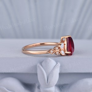 Vintage Red Ruby Engagement Ring Delicate Opal Diamond Cluster Wedding ...
