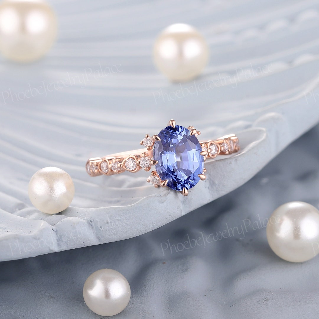 Art Deco 1.8ct Oval Cornflower Blue Sapphire Engagement Ring Vintage Wedding Rings for Women ...