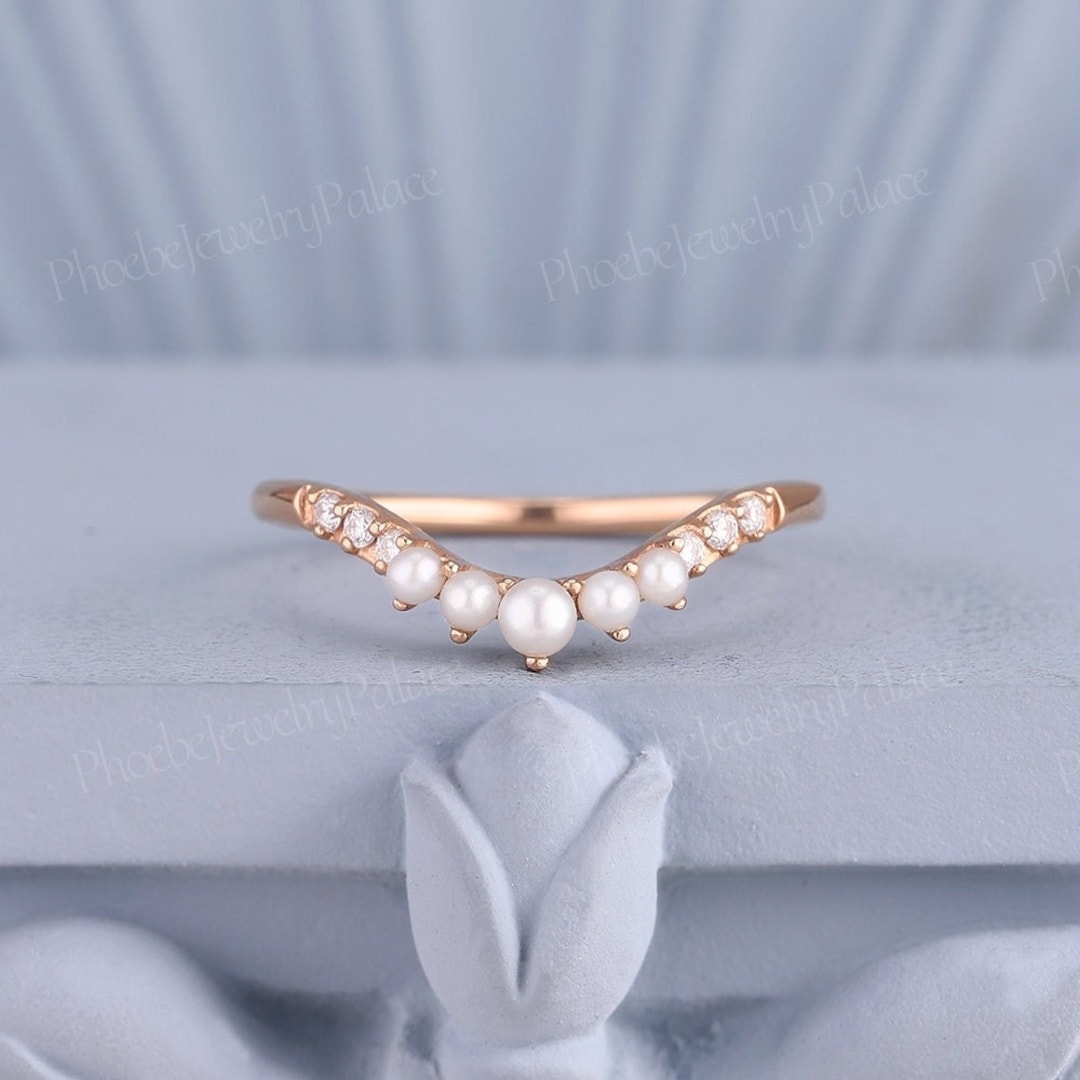 Unique Pearl Curved Wedding Band Solid Gold Natural Freshwater Pearl ...