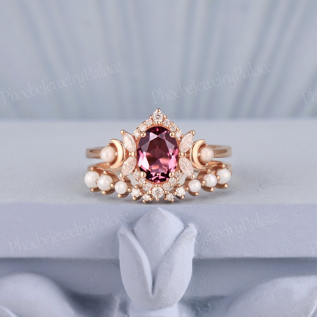 Art Deco Pink Tourmaline Engagement Ring Set Unique Pearl Halo Cluster ...