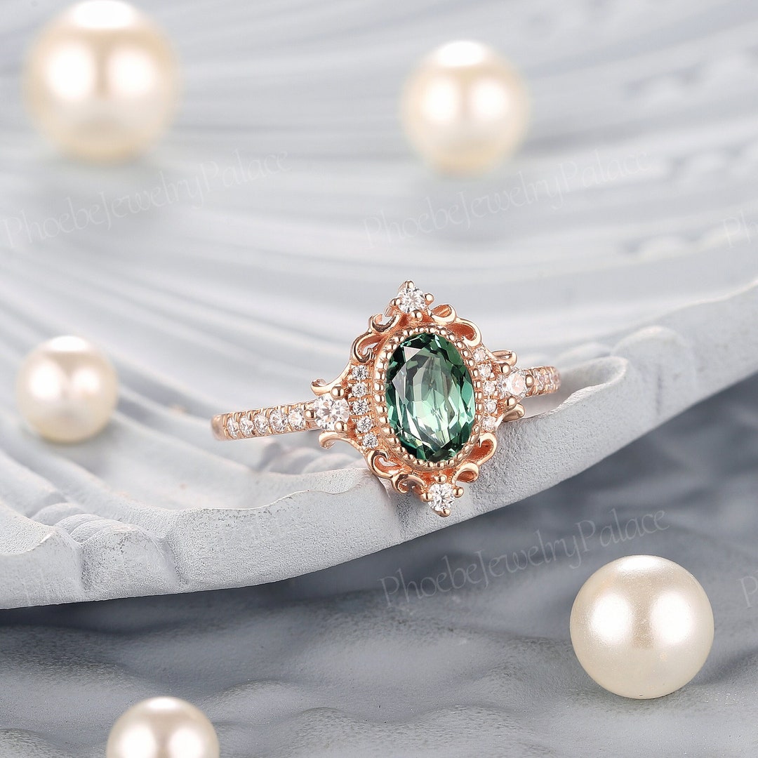 Vintage Olive Green Sapphire Engagement Ring Oval Wedding Rings for ...