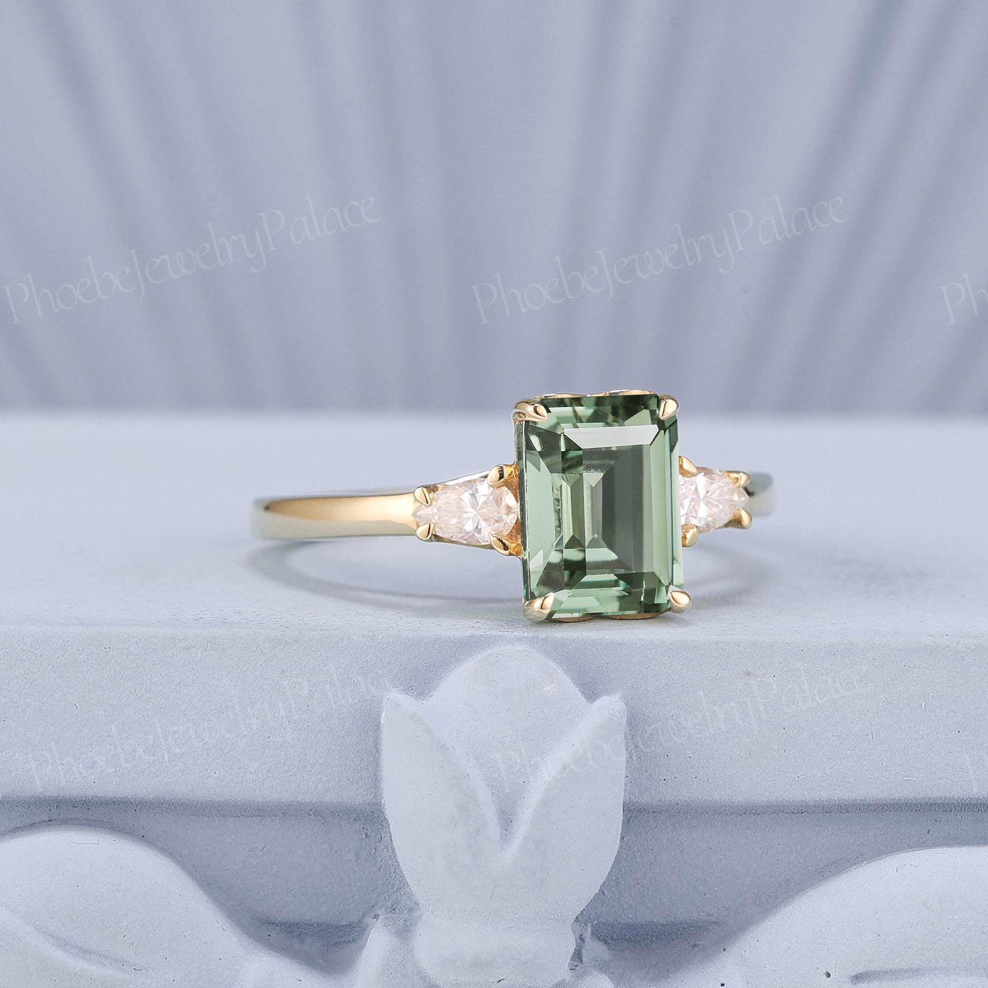 2ct Green Sapphire Engagement Ring Emerald Shaped Minimalism Wedding ...