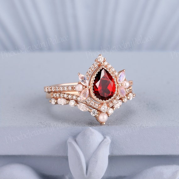 Unique Ruby Pearl Engagement Ring Set Delicate Pear Wedding Rings Women Gold Moonstone Moissanite Cluster Ring Set Custom Anniversary Gift