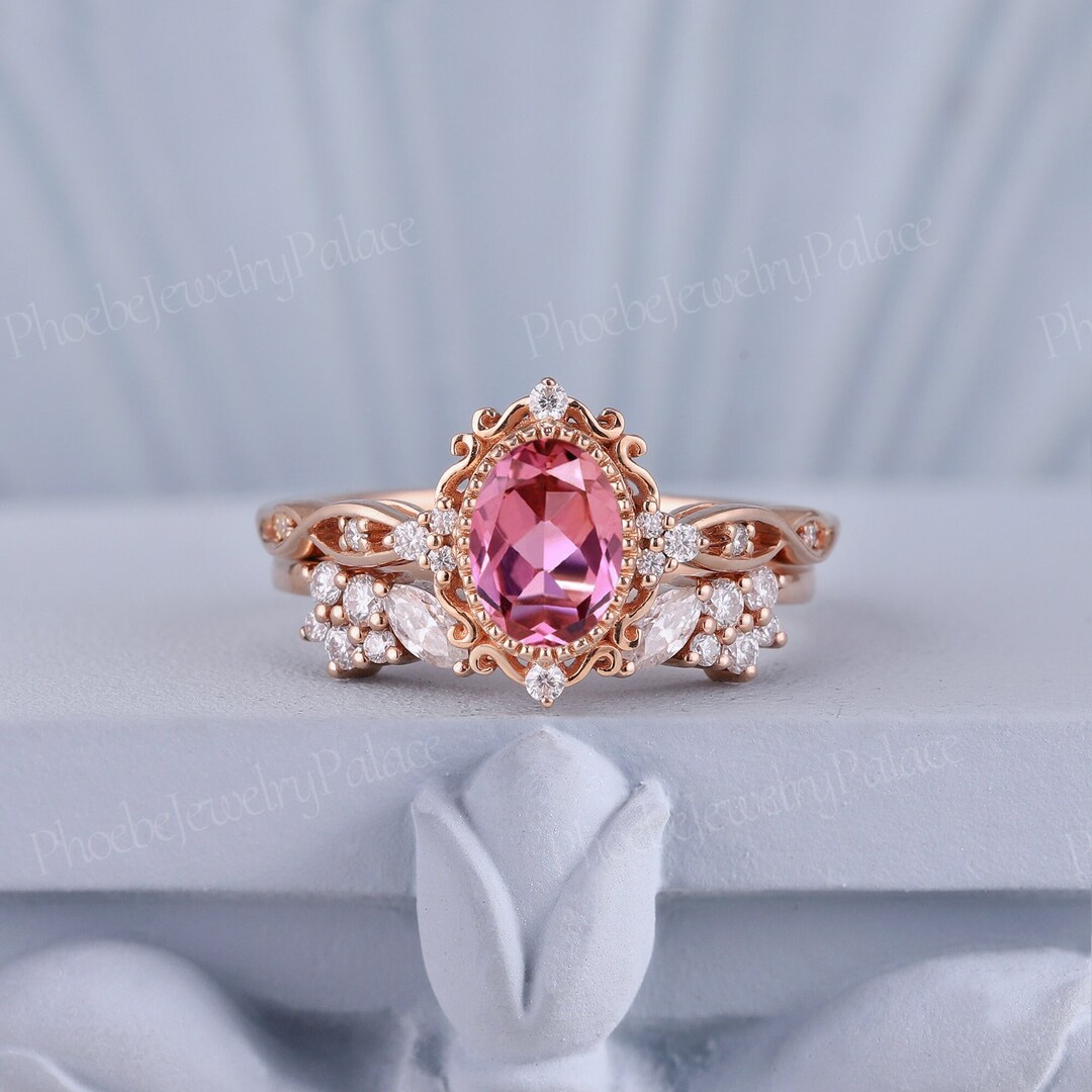 Vintage Peach Sapphire Engagement Ring Set Delicate Pinky Wedding Ring ...