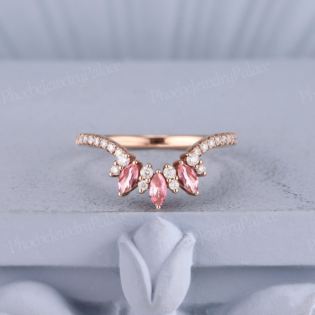 Unique Natural Pink Sapphire Moissanite Curved Wedding Band Solid Gold ...