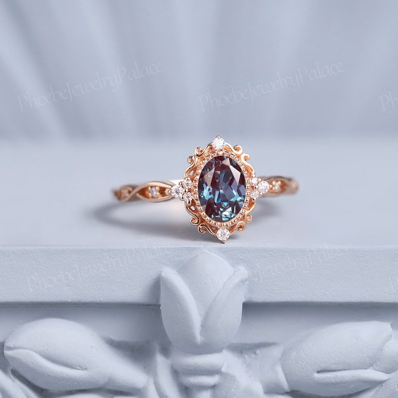 Oval Cut Alexandrite Engagement Ring Vintage Filigree Rose - Etsy