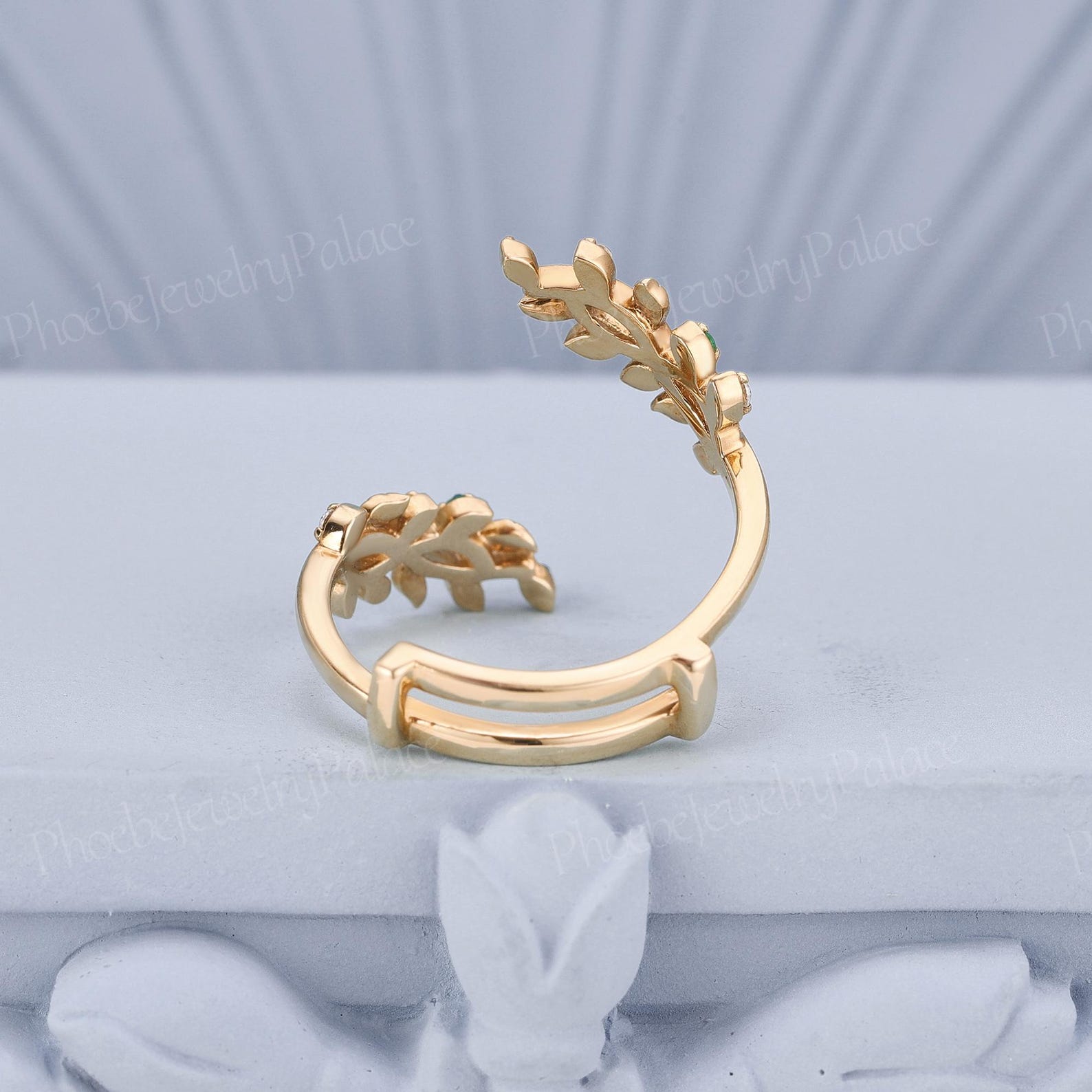 Nature Inspired Leaf Curved Wedding Band Unique Emerald Double Wedding ...