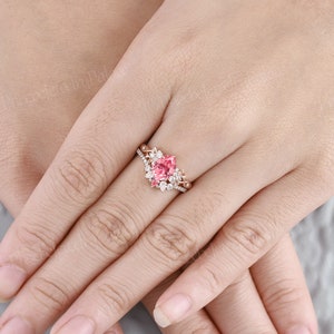 Unique Peach Pink Sapphire Engagement Ring Set Vintage Pear Wedding ...