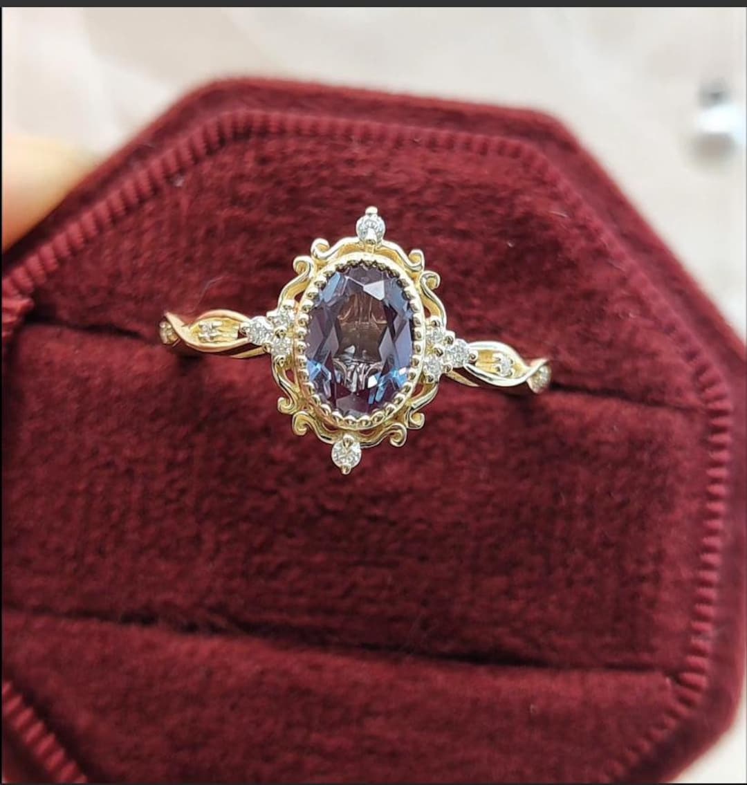 Oval Cut Alexandrite Engagement Ring Vintage Filigree Rose Gold Wedding ...