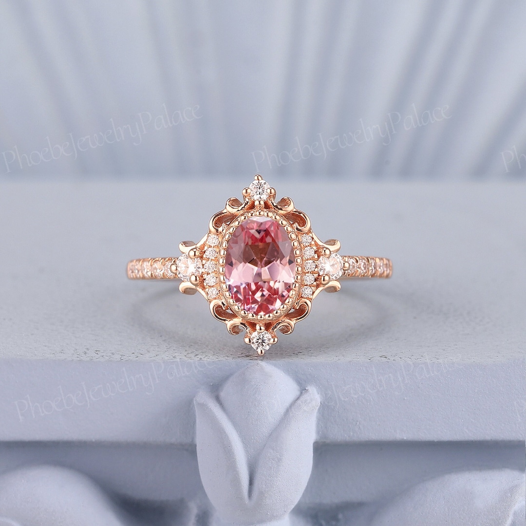 Vintage Peach Pink Sapphire Engagement Ring Oval Wedding Rings for ...