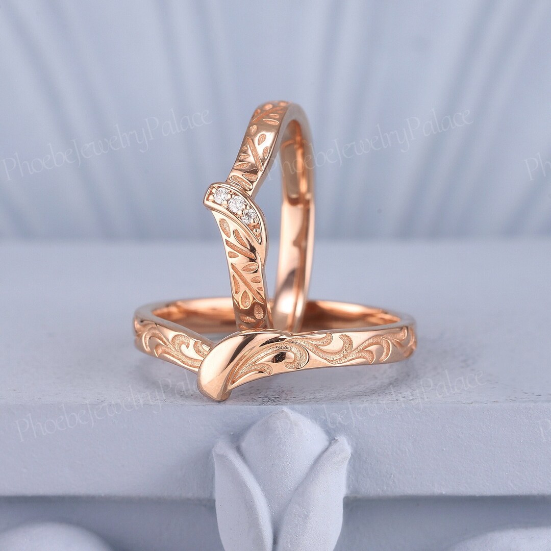 Unique Couple Ring Set Solid Rose Gold Wedding Rings for Men and Women ...