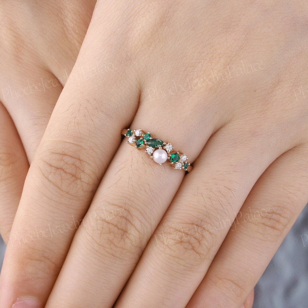 Dainty Natural Pearl Moss Agate Moissanite Emerald Cluster Wedding Band ...