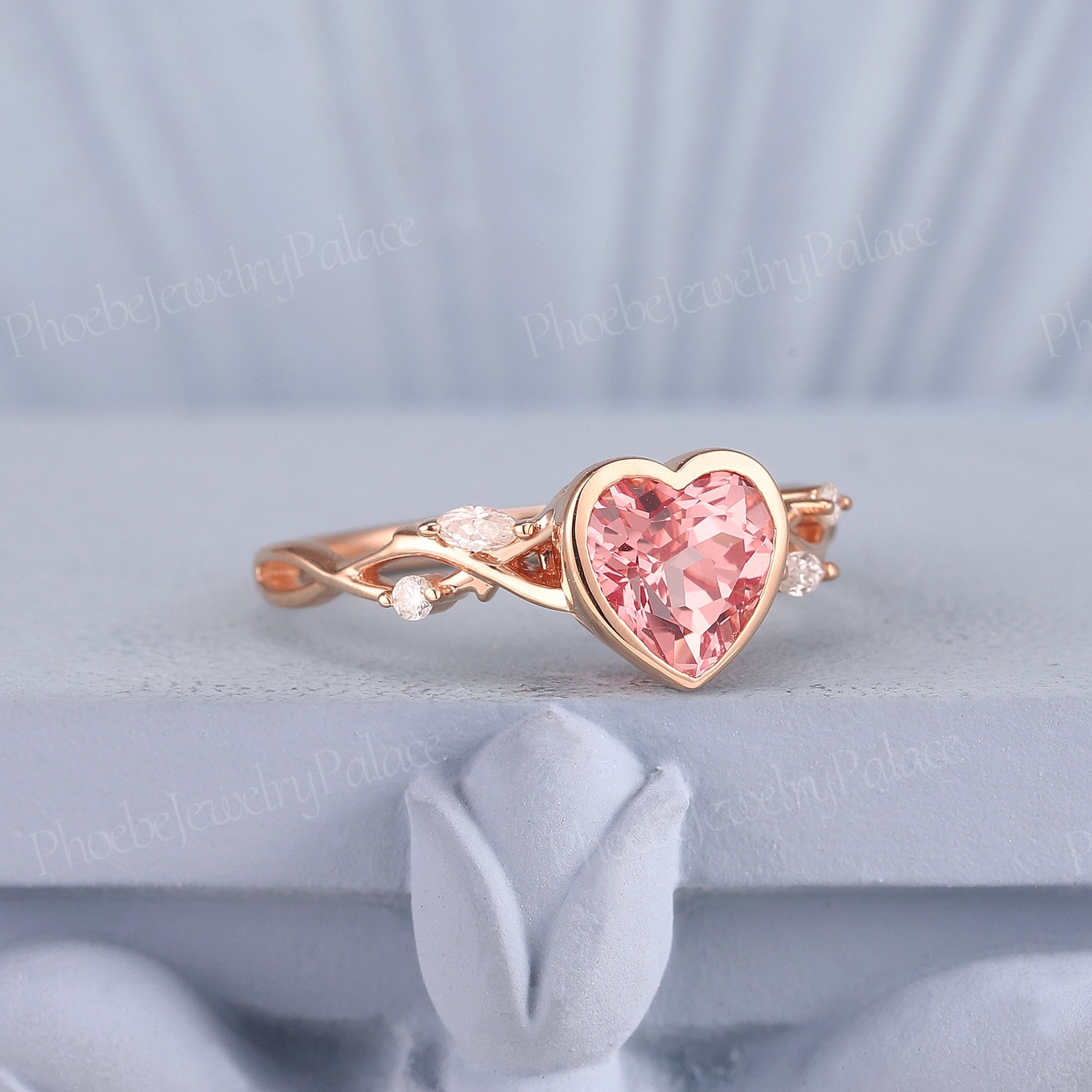 Unique Heart Cut Peach Pink Sapphire Engagement Ring Bezel Rings ...