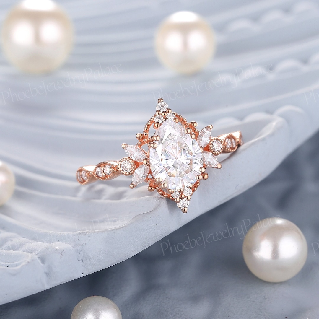 Tear Drop Moissanite Engagement Ring Vintage Moissanite Wedding Rings ...
