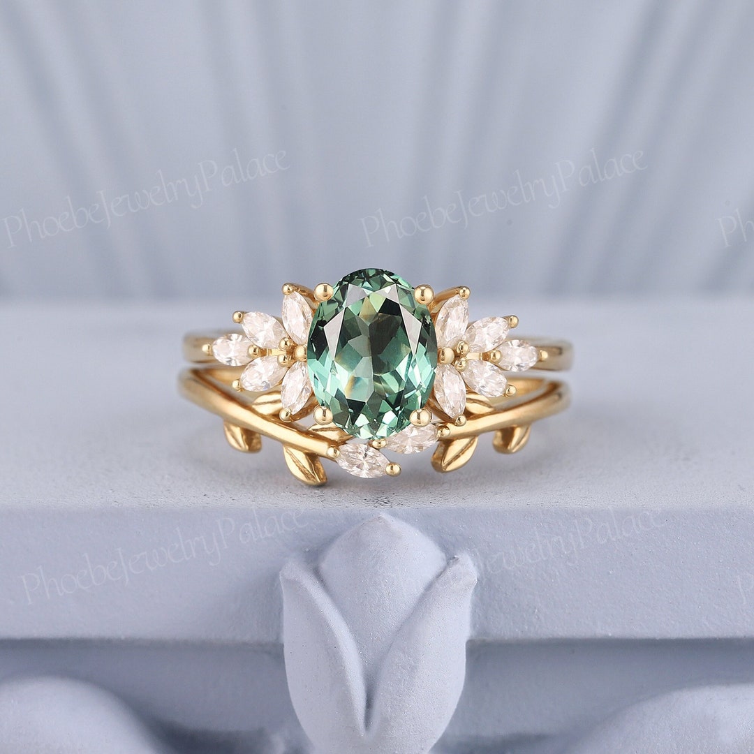 Vintage Olive Green Sapphire Engagement Ring Set Gold Leaf Moissanite ...
