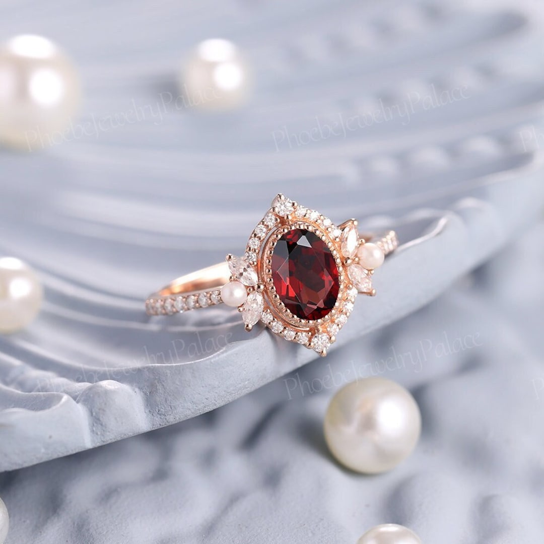 Vintage Oval Shaped Garnet and Pearl Engagement Ring Art Deco Ruby ...