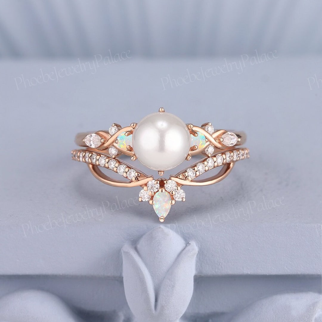 Vintage Akoya Pearl Engagement Ring Set Unique Solid Gold Wedding Ring ...