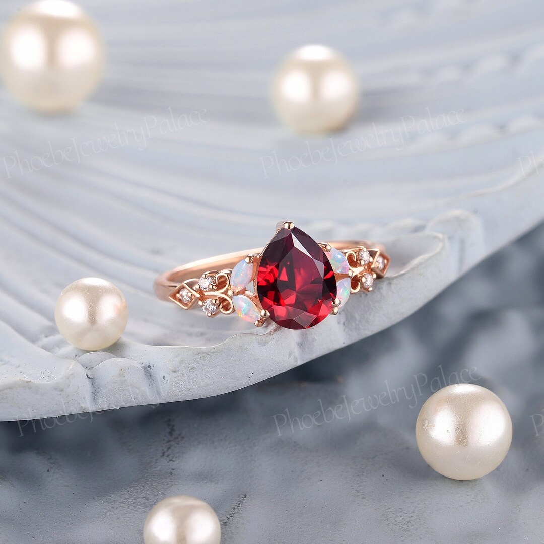 Vintage Red Ruby Engagement Ring Delicate Opal Diamond Cluster Wedding ...