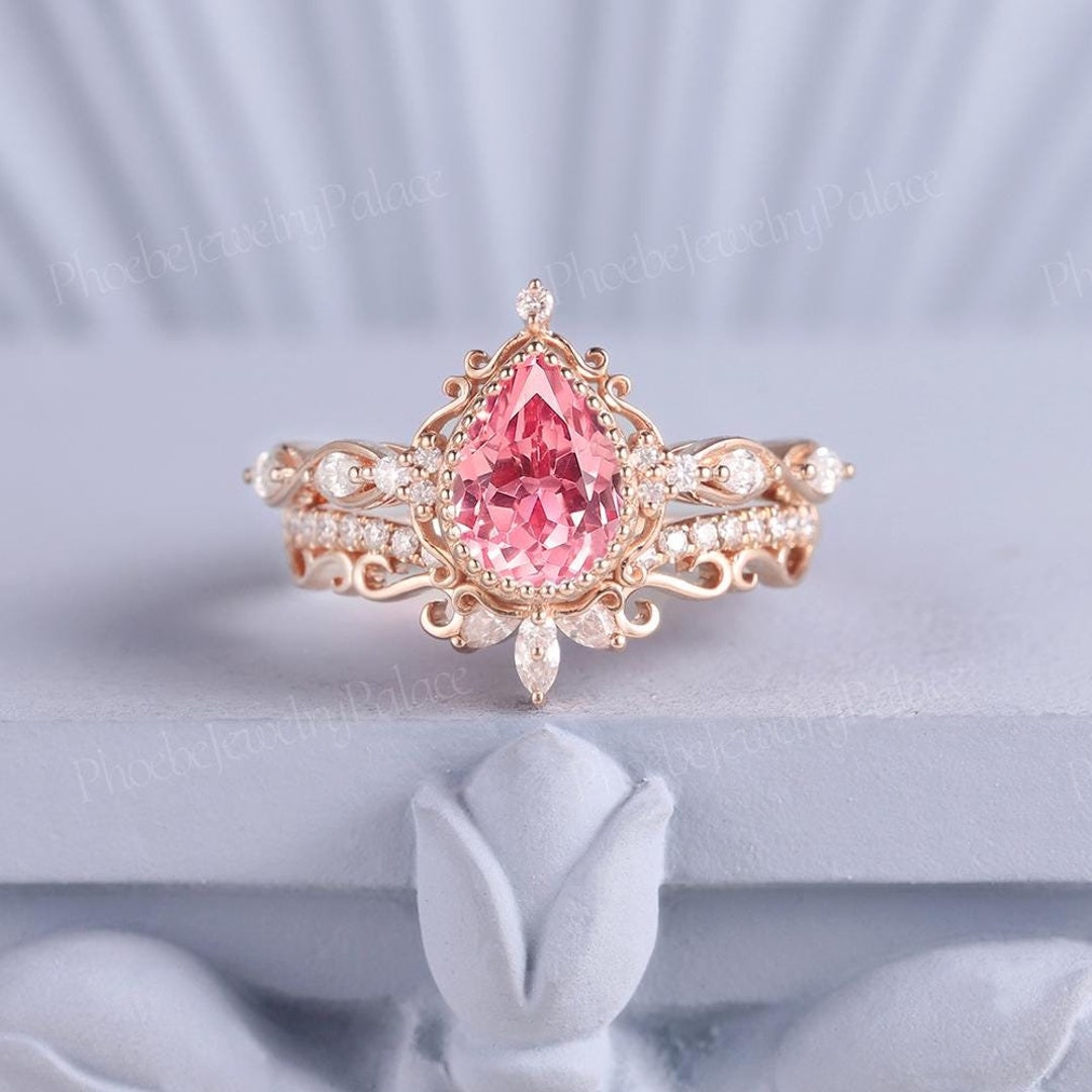 Unique Pink Sapphire Engagement Ring Set Vintage Pear Wedding Rings for ...