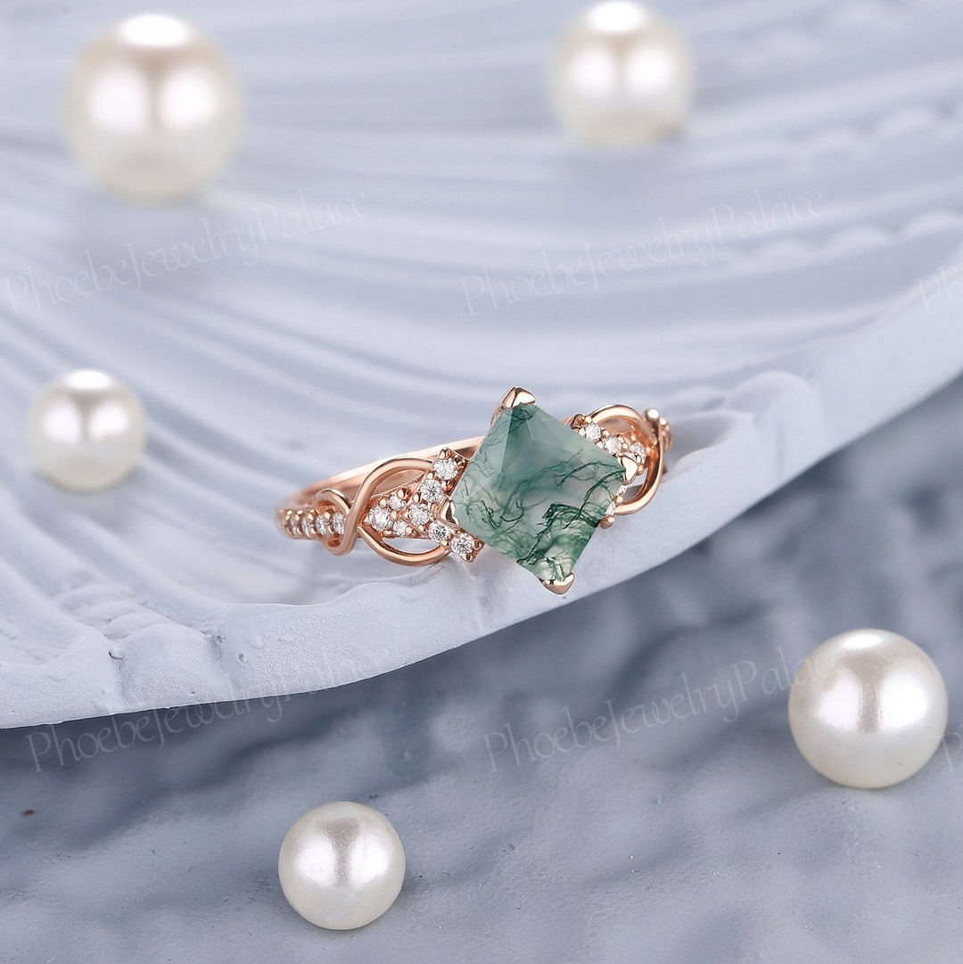 Unique Princess Moss Agate Engagement Ring Vintage Wedding Rings for ...