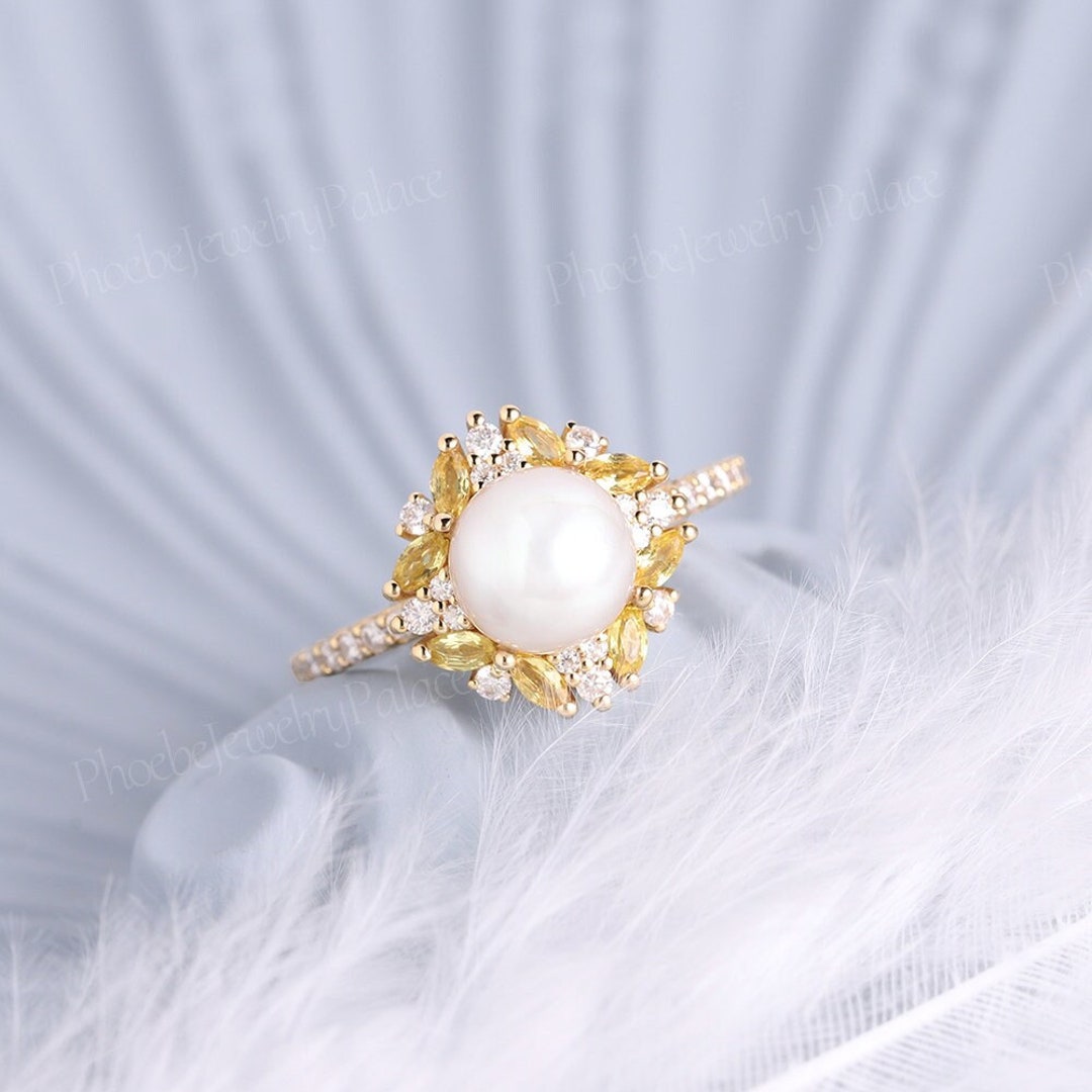 Vintage Akoya Pearl Engagement Ring Unique Solid Gold Diamond Wedding ...